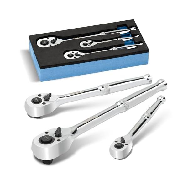 [あらゆる作業に対応する万能なドライブサイズ] 当社の 3 ピース 90 歯ラチェット セットは、6.35 mm (1/4 インチ) - 9.5 mm (3/8 インチ) - 12.7 mm (1/2 インチ) のドライブ サイズで提供され...