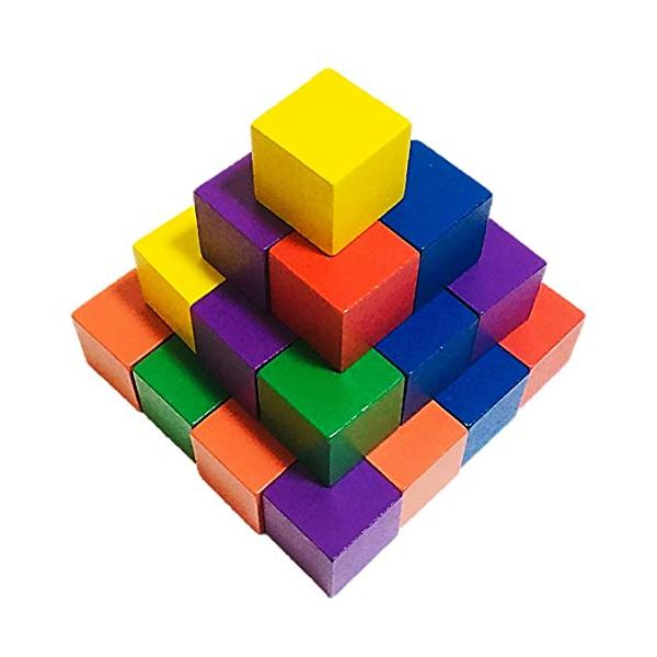 カラフルな木製キューブ積み木30個セット ブロック サイズ：手に取りやすい 3ｃｍ*3ｃｍ ブロック30個セットお子様の図形問題で大変喜ばれております。紙で説明しても伝わらない*実際の図形なら理解した経験は御座いませんか 教材や工作の材料に...