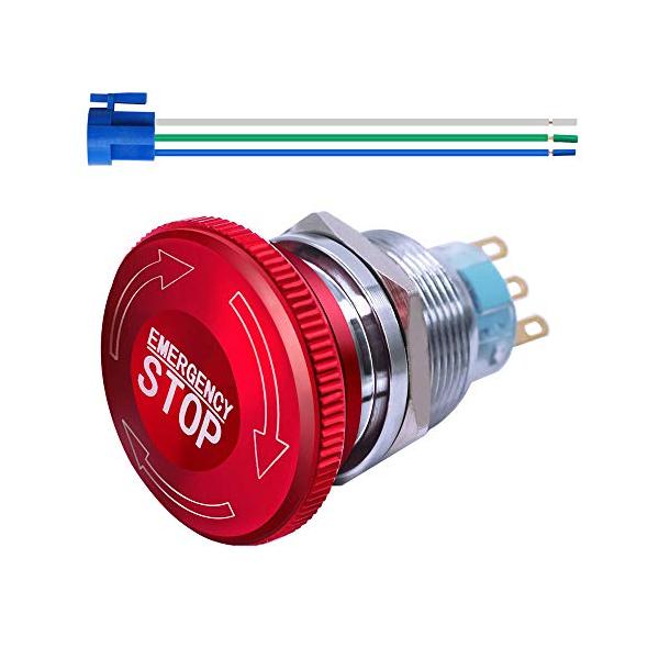 製品名：緊急停止押しボタンスイッチ; 接点タイプ：1 NC 1 NO; 最終数量：3。Ith：3A; Ui：12-250V; タイプ：ラッチング;ボタンの直径：31mm / 1.2 ";取り付け穴の直径：22mm / 7/8"; フィットパ...