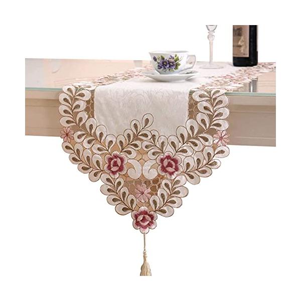 素材：ポリエステル100％、40x176cm、円形、正方形、長方形の4人から8人のテーブルにフィットします。クリームとワインレッド刺繍の花のエレガントなレースランナー; 複雑なレースのデザインと一致するタッセルを備えたカットワークの詳細が特...