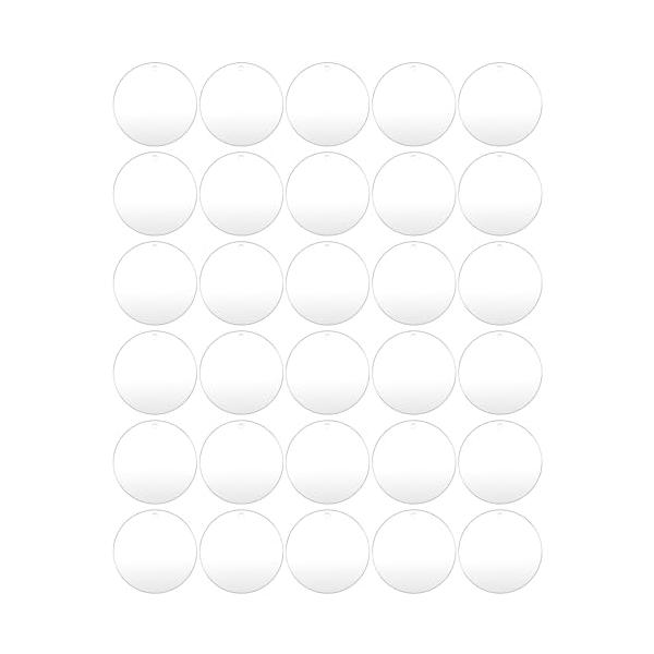 オリジナルのオーナメント作りやタグ作りに：ハンドメイドで自作デザインのオーナメントやタグを作りたい場合に活用できる丸型のアクリル板セットです。あらかじめ紐を通すための穴が備わっているので、穴あけ加工をせずにお使いいただけます。大容量の100...