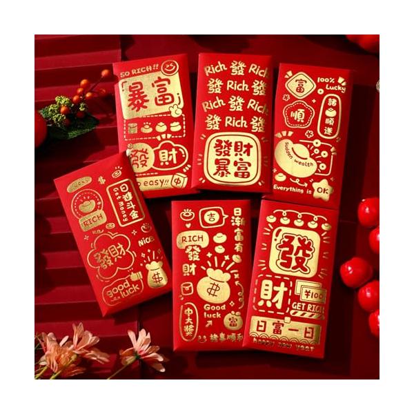 サイズ：16.5CM X9CM。1000円札、2000円札、5000円札、1万円札などのお札を折らずに入ることができます。入数：6種類*2枚。合計12枚入。紅包:デザインは多様で、金の印刷の技術を采用して、非常に華麗でかわいいです。正月気分...