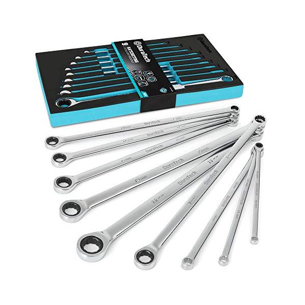 セット内容 片側ラチェット付きメガネレンチ9本組。8mm、10mm、12mm、13mm、14mm、16mm、17mm、19mm、22mm各1点。 高耐久 本体は高品質CR-V鋼製に熱処理、堅牢で硬度に優れています。表面処理としてクロームメッ...