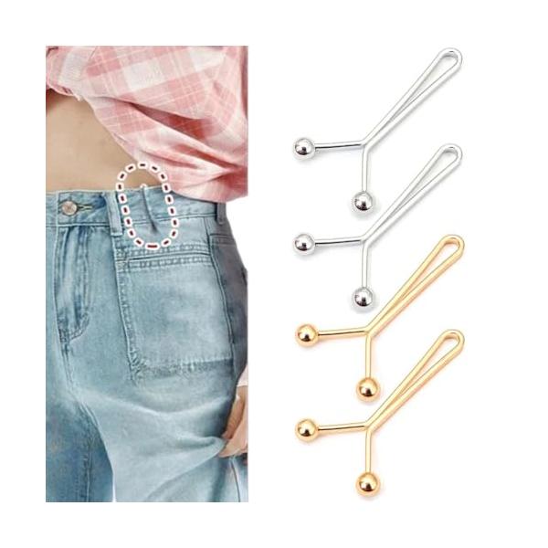 商品仕様 *「素材」金属 *「サイズ」画像にてご確認ください。*「セット内容」グレ(シルバーとグレーの間にある色)ー*2、ゴールド*2　＊モニターと光により、商品実際の色は画像と異なる可能性があります。 色んな使い方 ウエストのサイズ調整以...