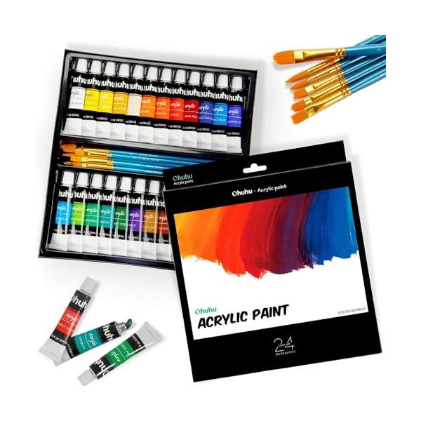 24色の鮮やかなアクリル絵具セット：純粋かつ鮮やかなカラー、高品質の顔料を採用し、綺麗な発色を実現しました。絵具は滑らかに伸びて、均一で繊細な表現が可能です。好きな色を選んで自由にペイントを楽しめます。アクリル絵具24色とペイントブラシ6本...