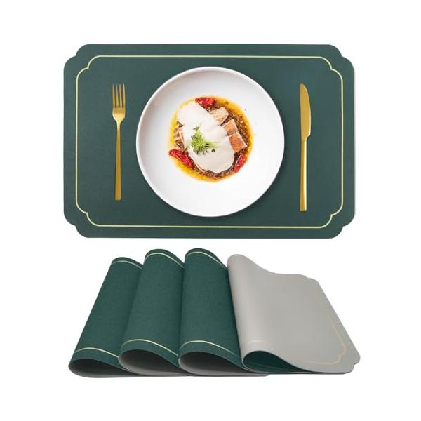 商品仕様 サイズ：約45cmx30cm、薄さ約1.8mm。カラー：正面:グリーン裏面:グレーの4枚セット、重量：135g/枚、高級感あふれるランチョンマットは料理と器を引き立て、テーブルを美しく彩ります。 撥水＆汚れ防止 両面に防水・防油加...