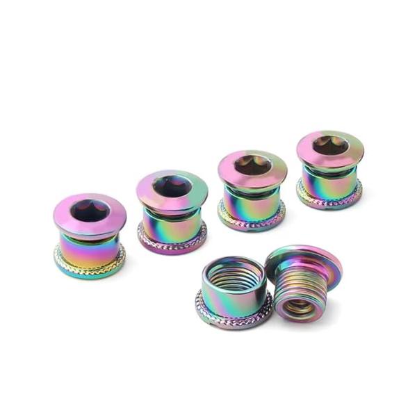 高強度スチール製チェーンリング固定ボルト＆ナットセット 自転車のチェーンリングをしっかりと固定する、高品質なスチール製ボルト＆ナットセットです。おしゃれなチタンカラーが施され、耐久性とデザイン性を兼ね備えています。ロードバイク、MTB、BM...