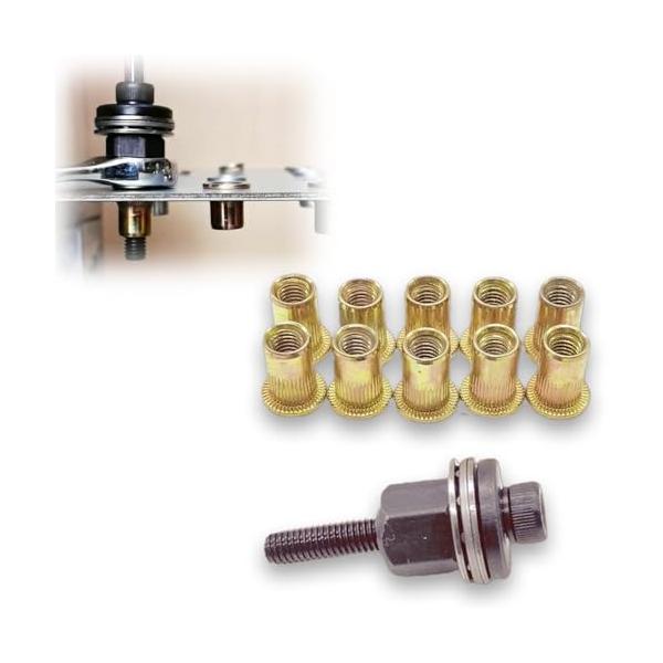 キット内容 M6サイズのリベットナット10個セット、スペアボルト1本付き。M6サイズのリベット・ナット用ハンド・ナッターは、自動車修理や家庭用プロジェクトで多くのニーズを満たす。 高品質素材 リベットナットは高品質の材料で作られており、強く...