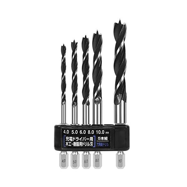 セット内容 5本セット。直径4.0・5.0・6.0・8.0・10.0mm 各サイズ1本ずつの5本セット 。六角シャンク対辺:6.35mm。材質：ハイカーボン鋼。 特徴 鋭い先端が加工材にくい込み、正確な丸穴加工ができるドリル刃です。両爪両溝...