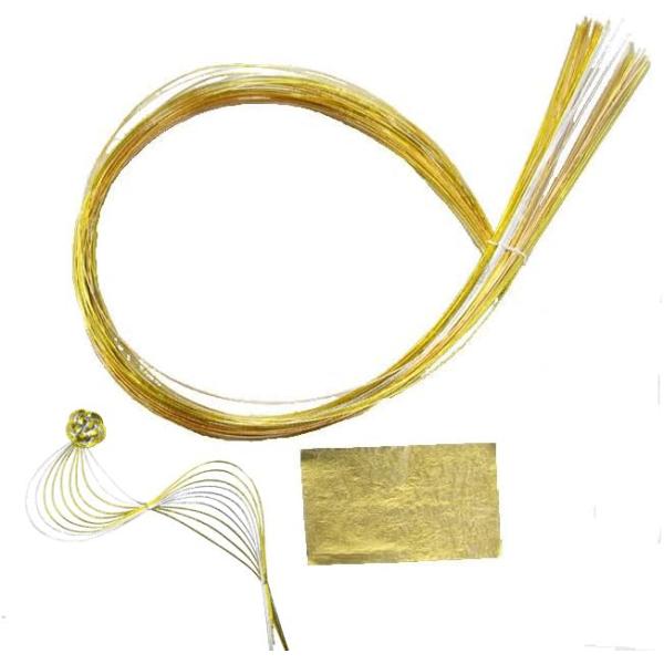 艶のある輝き水引 特光水引　金と銀5色カラー　5色Ｘ10筋　合計50筋入金　銀　淡金　純淡金　アイボリー　水引飾り付1本約90ｃｍ　太さ約0.9ｍｍ日本製主に金色のバリエーションが、楽しめます。表金　裏銀　の箔紙1枚付き　　綺麗なカーブを作...