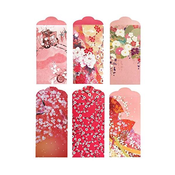 サイズ：17.5CM　X　9CM。1000円札、2000円札、5000円札、1万円札などの10枚ぐらいのお札を折らずに入ることができます。桜／蝶／花等温かい雰囲気が溢れたイメージの6種類のデザインが含まれます。金のぽち袋／祝儀袋／お年玉袋等...