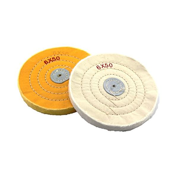 コットン布バフホイール2個 黄色・白色 &amp;仕上げクロス セット直径(約)：150mm　(黄色の方がわずかに直径が小さくなります。)厚み(約)：黄色15mm　白色12mm　積層：50ply(50枚の布を重ねています。)軸穴(約)：10...