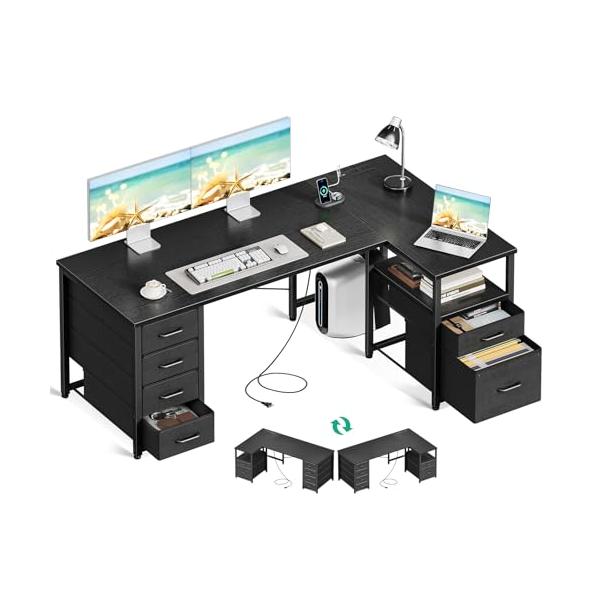 コンセント付きデスク・ゲームと仕事両立 パソコンデスクとしてはもちろん、ゲーミングデスクとしても使用できるおしゃれなL字デスク。机には、2つのACコンセントとUSB ポート付きで、パソコンやスマホなどの充電ができて超便利です。また、引き出し...