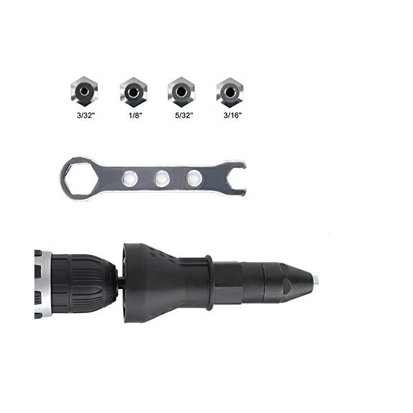 リベット電動ドリルアダプターです。注：インパクトでは使えません。ノズルのサイズ：2.4mm、3.2mm、4.0mm、4.8mm電動ドリルの必要トルク、15Nm以上レンチを使用して、適切なサイズのノズルを取り付けます。DIY・工具・ガーデン:...