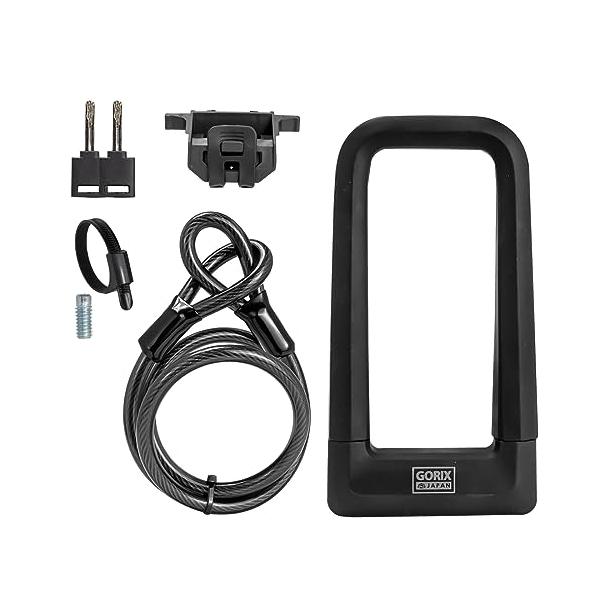 商品内容 U字ロック本体、ワイヤー、鍵2本、ブラケット、日本語説明書 素材 ： 高強度な合金鋼、亜鉛合金シリンダー、シリコンカバー サイズ ：ロック本体：長さ21、外幅10-11mm、内幅約6.5cm、断面直径22mm、スチール芯直径約14...