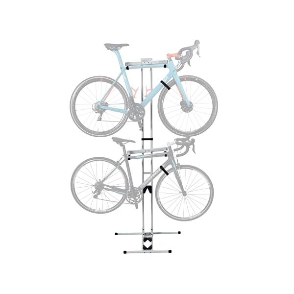 材質：スチール・タイヤ接触部／高強度樹脂、バイク接触部／シリコン、床接触部／ゴム・ベルト マジックテープ  本体サイズ： 約 幅82cm*奥行55cm*高さ215cm 本体重量： 約 11.50kg 耐荷重：1つのハンガーにつき1台25kg...