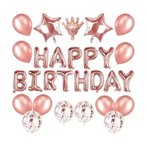 誕生日を華やかに彩る バルーンセット内容：ローズゴールド紙吹雪バルーン*4個、ローズゴールドゴムバルーン*8個、Happy Birthday風船各文字*1セット、スターバルーン*2個、王冠バルーン*１個、ドットシール*3個、ローズゴールドリ...