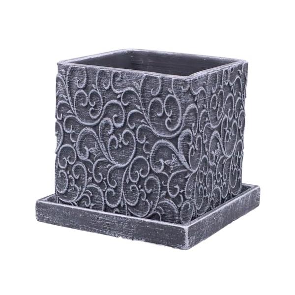 サイズ : W125*D125*H125mm・内径 : W110*D110mmカラー : ブラック材質 : セメント仕様 : 底穴あり、ソーサー付き、エンボスデザインDIY・工具・ガーデン/ガーデン/鉢・プランター/鉢