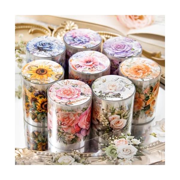 超大容量 合計8ロール、各ロールは50mm*2m、各ロールは350mm/サイクルです 花のアートコレクション8巻セット 薔薇・バラ・ひまわりなど四季折々の花びらをPET素材で再現。透明感のあるデザインが手帳ページに立体感を加え、水彩グラデー...