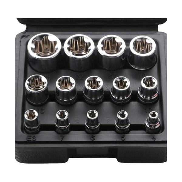 14点セット内容 差込角6.3mm(1/4")：E4、E5、E6、E7、E8 差込角10mm(3/8")：E10、E11、E12、E14、E16 差込角12.5mm(1/2")：E18、E20、E22、E24 収納ケース1点 品質が高い E...