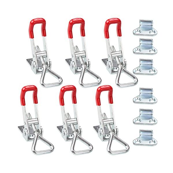 素材：亜鉛メッキ鉄。チャッキングパワー：150kg。厚さ：2mm。長さ：約10センチです。引張力の大きすぎで割れないように、溶接点を付けます。トグルクランプを厚くし,より堅牢です。引っ掛けの長さは調節可能で、多様なニーズに合わせます。加工や...