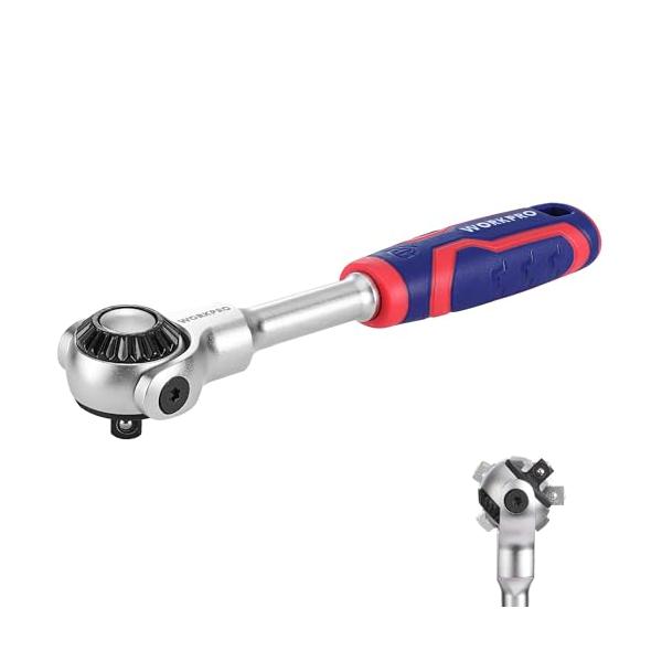 「コンパクトで使いやすい」全長:約150*;重量:140g。手の中に収まる長さのショートスイベルラチェットハンドルです。携帯性もいいし、ソケット類を組み合わせ、六角ボルト・ナット等の締付け、緩め作業に使用できます。「270*の回転機能」ハン...