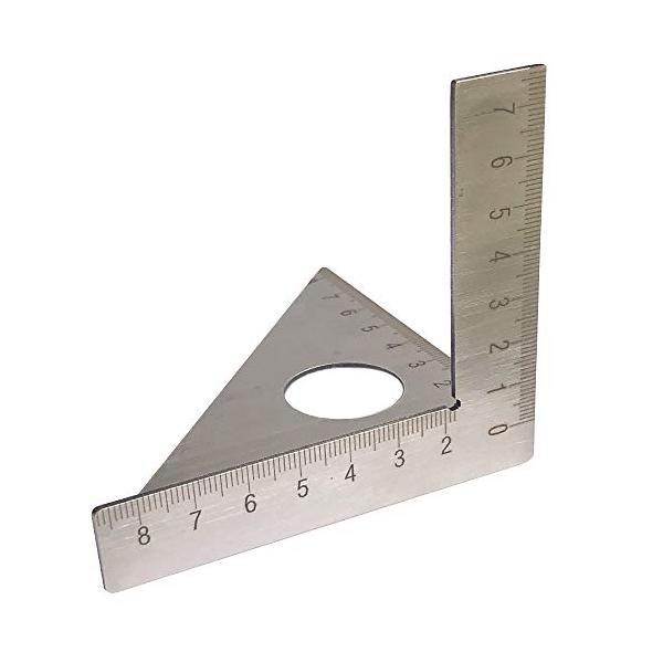 多機能木工ケガキゲージ ：45度・90度定規。直角ケガキゲージとして直線、平行線、45度線を簡単に墨付きができます。また、スコヤとして直角の確認をしたり、直角の出た板を物指で計ることなく二等分することもできる便利物。材質：ステンレススチール...