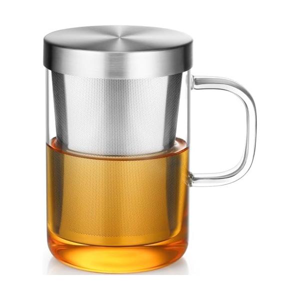 SK 食品認証ガラスティーカップ 日本の現地 SK 食品認証製品、安全安心、電子レンジ、食器洗い機、冷蔵庫、コンロに対応。 耐熱ガラス このガラス製茶こし付きマグカップは、-30*から150*までの短期的な温度差に耐えることができ、冷たい飲...