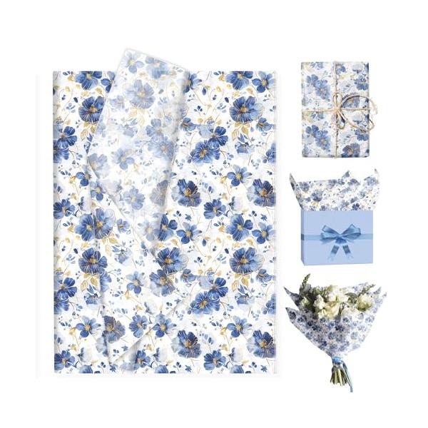 包装付き - 手作りのニーズを満たすのに十分な、美しいブルーの花柄ティッシュペーパー100枚をお届けします。ユニークなデザイン - ブルーの小花柄がプリントされた花柄デザインのティッシュペーパーは、爽やかで上品な印象で、ギフトラッピングに最...