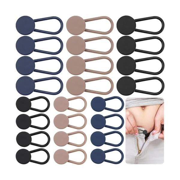 セット内容： ボタンエクステンダー24個セット；カーキ、ブラック、ブルーの3色、直径1.8cmと1.5cmのの2種類 3色各サイズ4個 の長さの24個のズボンウエストエクステンダーが届きます。異なる色とサイズは、複数のジーンズ、スーツのズボ...