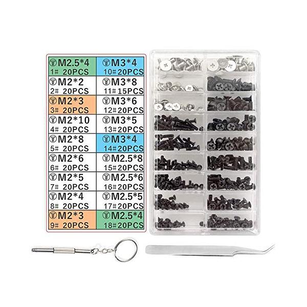 内容 人気のサイズ: M2、M2.5、M3 合計355本ねじ 入。ドライバー、ピンセットを付ける。 素材 優れたさび止め性と優れた耐酸化性を備え、長期間の使用を保証します。 十字トラスネジ 均一な力、ロックが簡単、滑りにくい、より便利で使い...
