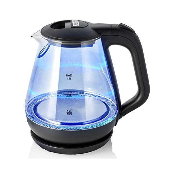 ワンプッシュでフタが開いて、ワンプッシュでお湯が沸かせます。イヤなニオイがつきにくいガラス構造。ガラスなのでお湯の残量が一目瞭然でとっても便利。お湯を沸かしているときは青いライトが点灯します。オシャレなLED点灯。お湯が沸くと自動で電源OF...