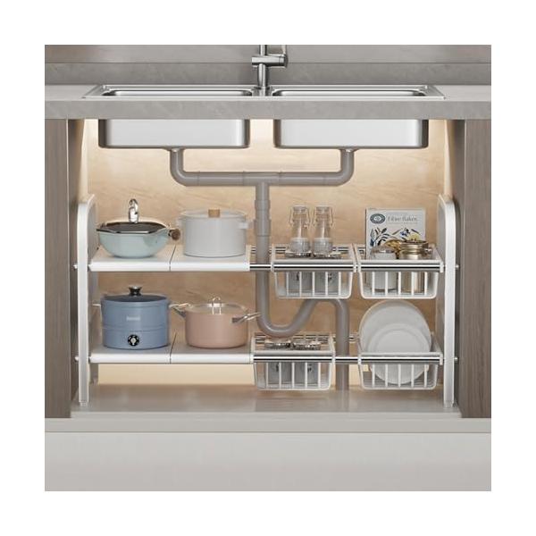 二重バッフルの設計&amp;リトラクタブル調整 二重層のバッフルデザインで、クリーニング製品、調味料ボトル、鍋などを簡単に収納できます。収納スペースの体格に合わせて長さを柔軟に調整できます。長さは53 cmから90 cmの範囲で、バッフルの...