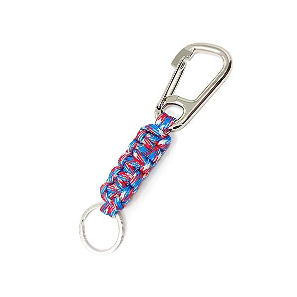 サイズ：全長：約14cm　幅：約３.3cm　本体厚み：約0.9cm 素材：ナイロン・亜鉛合金・鉄 カラフルなクライミングロープを手作業で編み込んで作られたキーホルダー。ダイキャストで作り出した鏡面仕上げで、強度・耐久性に強く壊れづらいカラビ...