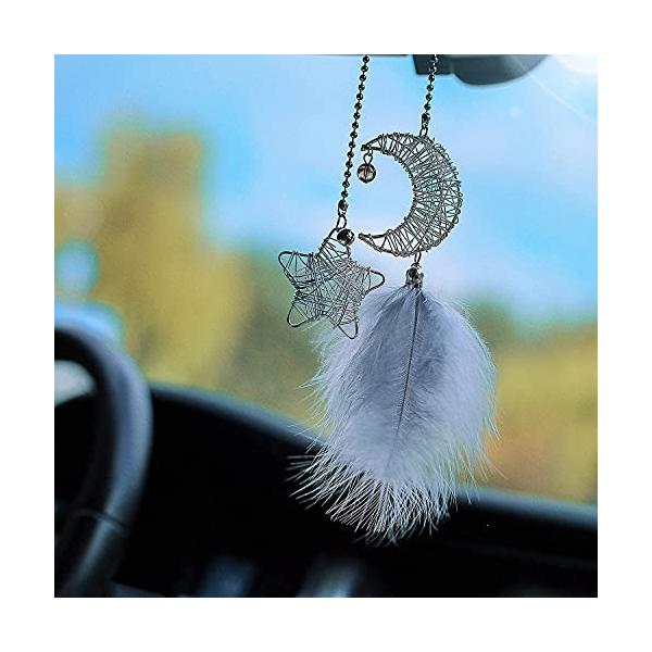 車ペンダント ルームミラー アクセサリー スタームーンドリームキャッチャー 車内 アクセサリー 車 ドレスアップ 車 飾り 車用品 カーアクセサリー 車内 バックミラー 車内装飾 羽飾り 風鈴 贈り物 (グレー)車＆バイク/カーアクセサリ/...