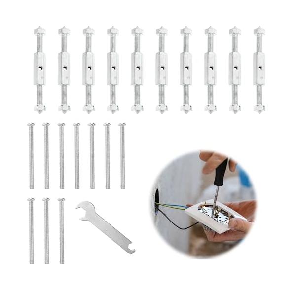 製品仕様：電源ソケット10個とコンセントネジのセット、そしてスパナ。製品サイズ：7-8cm 調節可能 、ネジの長さは5cm。好ましい材料：高品質の金属材料で作られ、高い硬度、強く、耐久性、表面には亜鉛メッキが施され、腐食や錆を防ぎ、適用寿命...