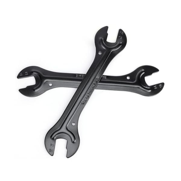 ハブ玉押しやロックナット用の専用スパナセットです。板厚2.3mmの薄型です。開口部に段差をつけた2サイズ兼用型です。信頼できる台湾トップクラスの自転車工具メーカーで製造しております。硬化スチールにより剛性と耐久性を向上させます。スポーツ＆ア...