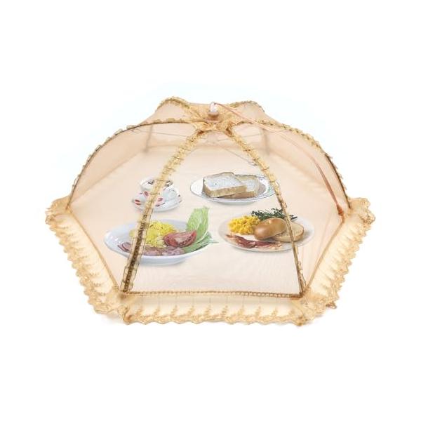 料理が守る 卓上の料理を虫や埃から守るための食卓カバーです。 傘のように作り、食卓などで食品の上にかぶせて用います。本体は高品質のポリエステルで編まれたメッシュ生地で出来ています。通気性が良く、夏でも食べ物が腐りづらいです。軽くて使いやすい...