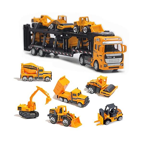 新型自動車運搬車セット 自動車運搬車Ｘ１、ミニカーセットＸ6　リアルに再現された建設作業車で、お子様に各車両の種類を認識させ、好奇心を刺激するだけではなく本物のエンジニアリングシーンを復元することでお子様の認知を育てます。工事現場のごっこ遊...
