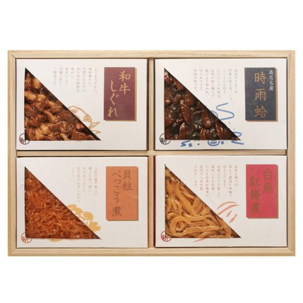 ■商品説明昔ながらのつくりかたの時雨蛤と、和牛しぐれなど、4種の違った味の詰合せ。■商品詳細内容：時雨蛤119g、和牛しぐれ110g、貝柱べっ甲煮90g、白魚紅梅煮90g生産地：三重県(加工地)賞味期間：常温120日アレルゲン表示：小麦・大...