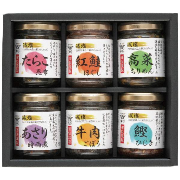 【発売日：2026年07月01日】■商品説明ご飯のお供やお酒のおつまみに合う詰合せです。■商品詳細製造生産地：日本製内容：減塩(牛肉ごぼう60g・紅鮭ほぐし80g・高菜ちりめん80g・あさり時雨煮65g・たらこ昆布55g・鰹ひじき50g各1...