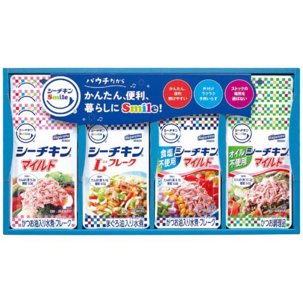 【発売日：2026年07月01日】■商品説明便利で使いやすいパウチ（袋タイプ）のギフトです。■商品詳細製造生産地：日本製内容：シーチキンSmile(マイルド・Lフレーク・食塩不使用マイルド・オイル不使用マイルド各4個・各50g)賞味期間：製...