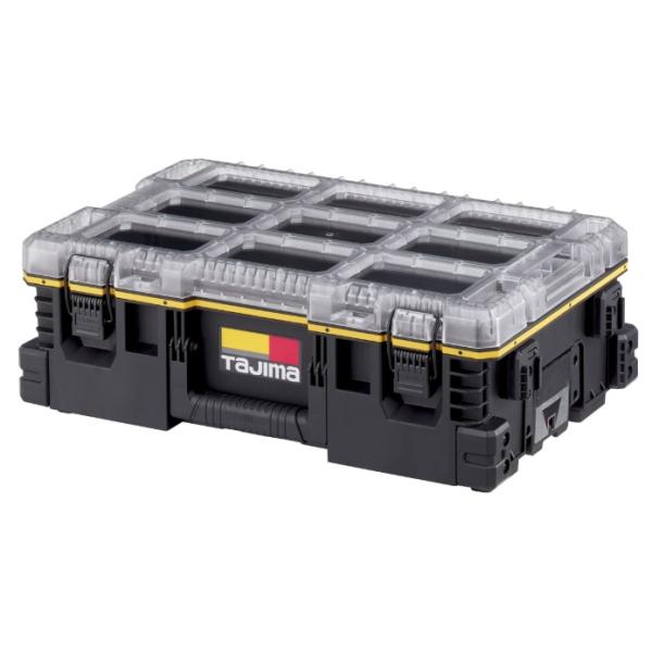 タジマ TAJIMAセフパーツボックスL品番流通コード：TB-PBOXL■特長・工具や配管部材等の収納に適したツールボックス・透明なトップカバーでフタを開けずに中身の確認が可能・外側にセフホルダー機能（4個）を搭載・重ねて置くだけでしっかり...