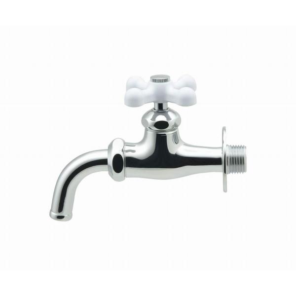 【基本情報（重量・材質・付属品・色・使用温度・使用水圧など）】材質：青銅ホワイトクロスハンドルがオシャレな呼13の単水栓（万能ホーム水栓）です。【特長】◆樹脂製の丸みを帯びた白いハンドルがかわいい蛇口です。◆庭の水まわりのプチリフォームに最...