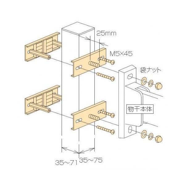 支柱厚35から71ミリ支柱巾35から75ミリまで対応●パーツ内容ボルト　M5x45　4本丸座金　　2組袋ナット　　2個ハサミ付け金具　2組●対応ホスクリーンGP/GPL  　物干1セット（2本組）に対して2袋必要です。 HB/HC/HD　物...