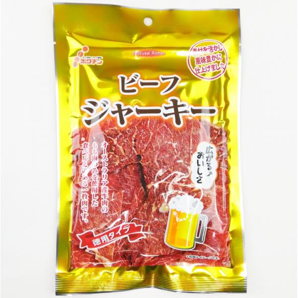 キーワード：ジャーキー　ビーフ　牛肉　肉・原材料名：牛肉(オーストラリア産)、還元水あめ、植物油脂、食塩、香辛料、酵母エキス／調味料(アミノ酸等)、発色剤(亜硝酸Na)、酸化防止剤(ビタミンC)・内容量：16g・商品形態：常温・賞味期限：商...