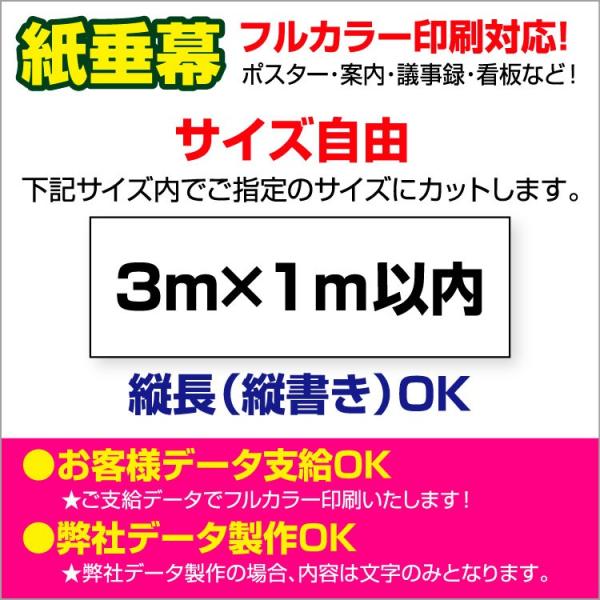 〓＝〓＝〓＝〓＝【サイズ】＝〓＝〓＝〓＝〓3m×1m / 300cm×100cm / 3000mm×1000mm●発色が良く、照り返しが軽減された半光沢紙に印刷！●横書き、縦書きどちらでもご対応可能です。●文字データは制作無料！印刷前の文字...