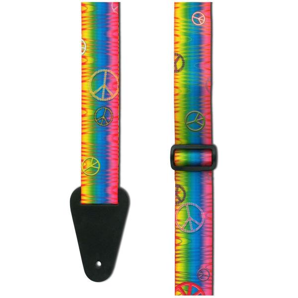 タイダイ染め風のプリントにピース・マークちりばめられたデザインのPeace(ピース)です。50mm 幅のポリ繊維を採用した耐久性の高いストラップで、長さ調節はスライド式です。ストラップ・エンド部分には丈夫なレザーを使用しています。
