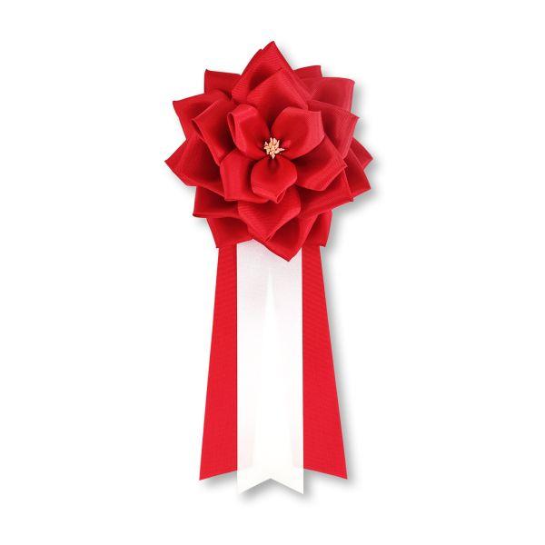 表彰式、イベント、催事、式典、パーティー、会合等で胸に付ける定番の胸章です。大リボンバラ　タレ付き花径：11cm色：赤・白・黄・ピンク裏面：クリップと安全ピンタレは発送時にシワになりますので、貼らずに発送いたします。両面テープが付いておりま...