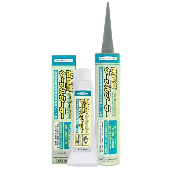 ヘルメチック 樹脂管・ケーブルシーラー 330mlカートリッジ ライトグレー 湿潤面硬化型弾性防水止水シーラー●特殊変成シリコン樹脂を主成分とする一液湿潤面硬化型の弾性防水・止水用シーラーです。●一液で作業ができる上に強力な接着密着性の性能...